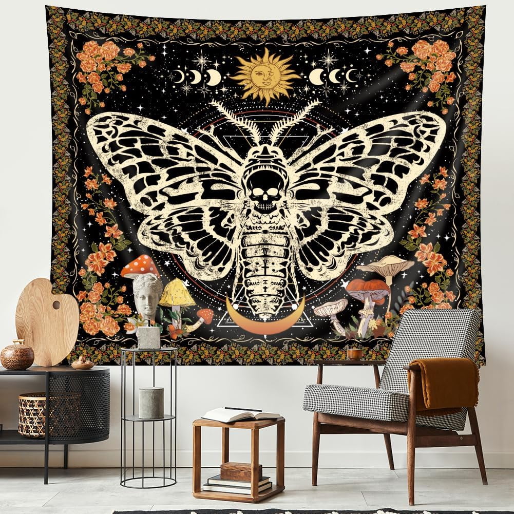 Gothic Skull Moth Tapestry Vintage Butterfly Skeleton Floral Cool Wall ...