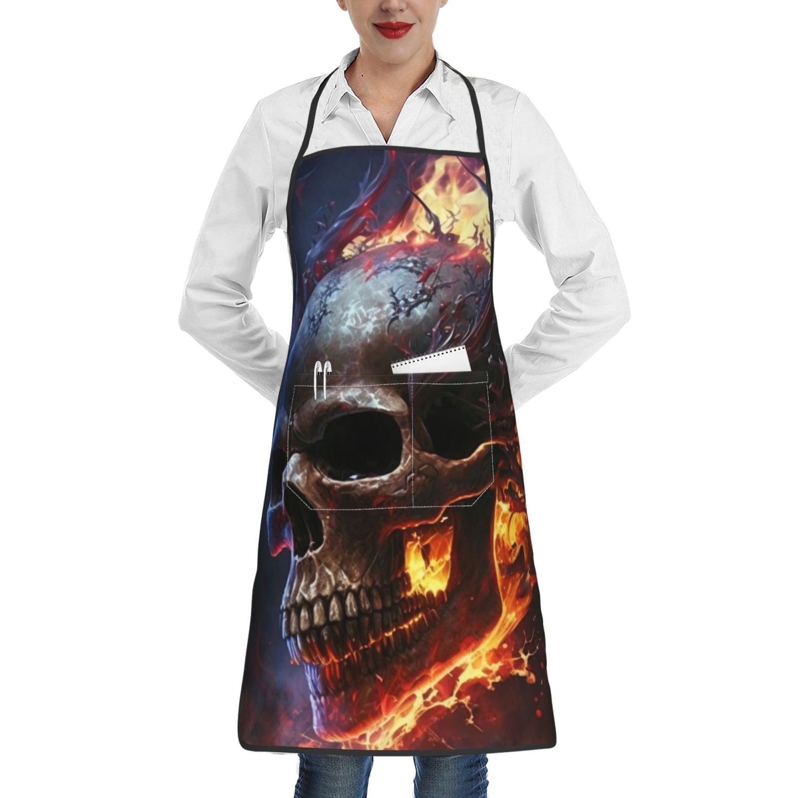 Gothic Skull On Fire Death Cool Apron with Pocket Cooking Waterproof ...