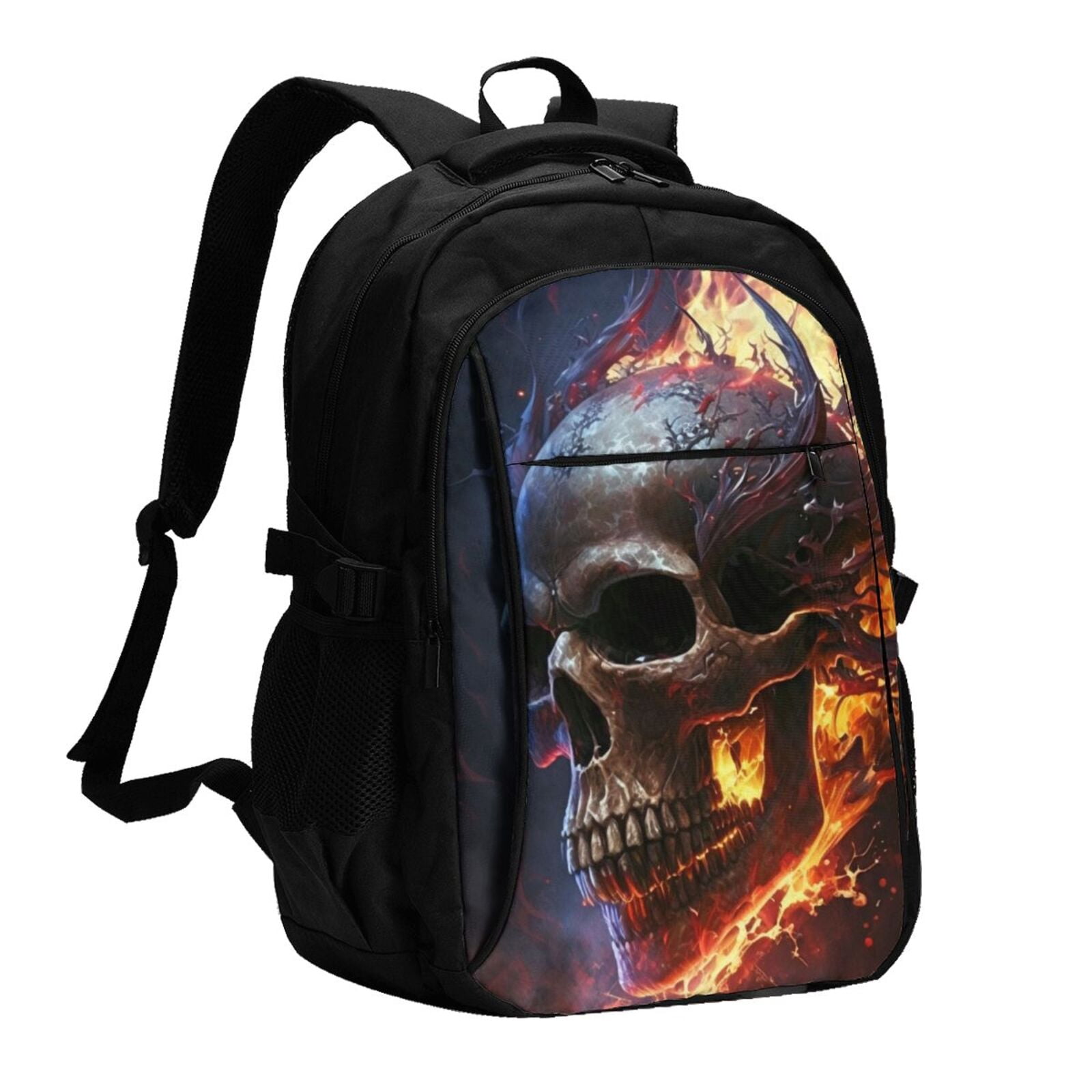 Gothic Skull On Fire Death Cool Laptop Backpack with USB Charging ...