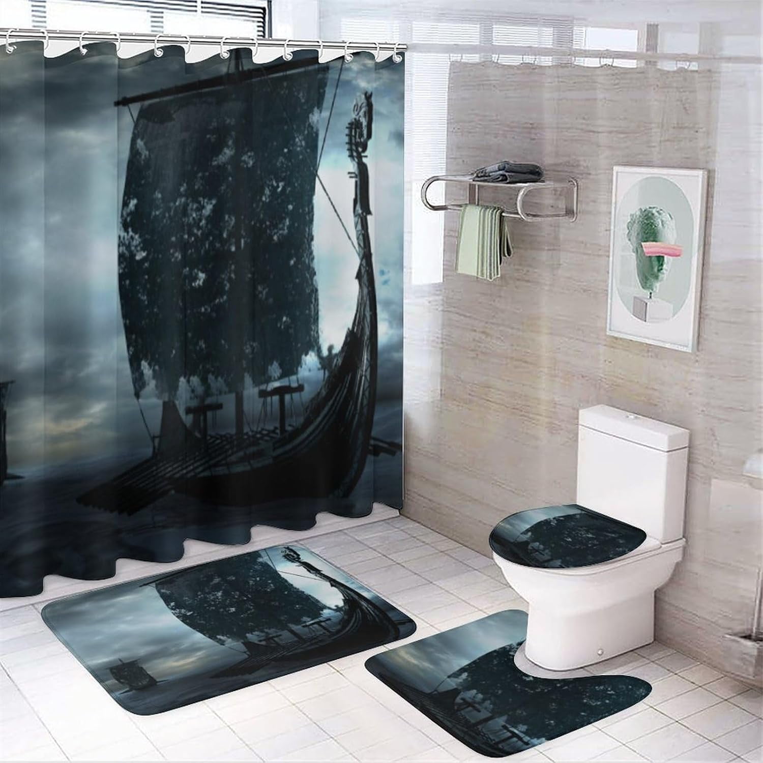 Gothic Skull Pirate Ship Shower Curtain Sets 4 Piece,Anime Nautical ...