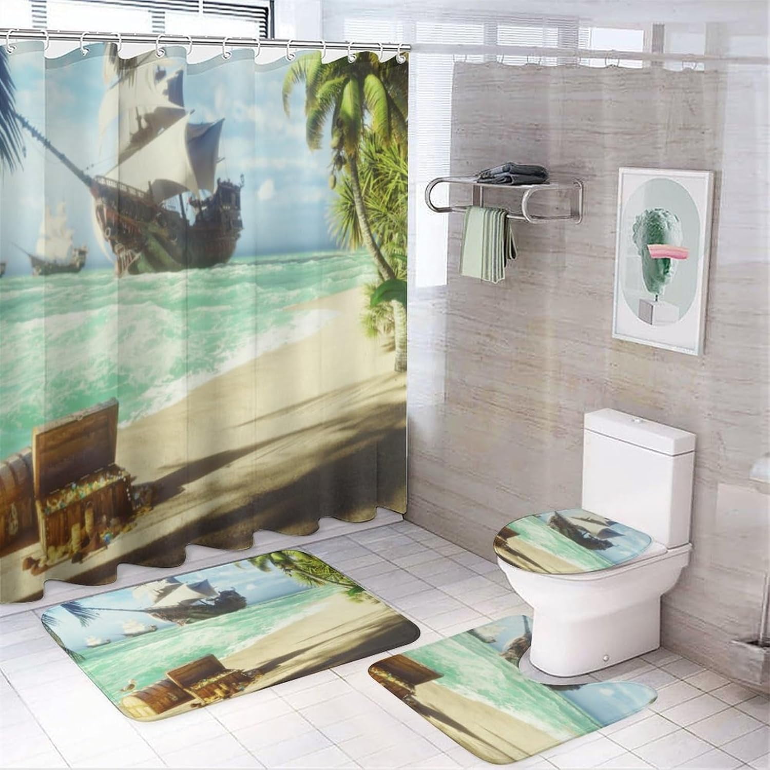 Gothic Skull Pirate Ship Shower Curtain Sets 4 Piece,Anime Nautical ...