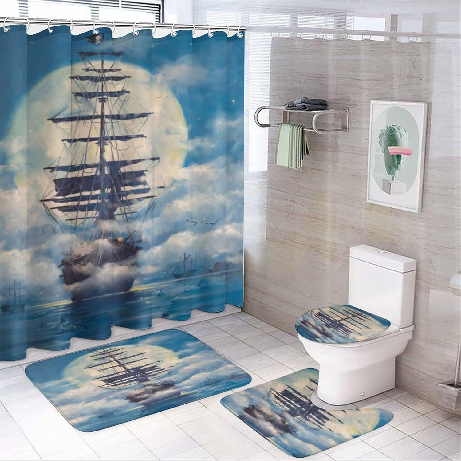 Gothic Skull Pirate Ship Shower Curtain Sets 4 Piece,Anime Nautical ...