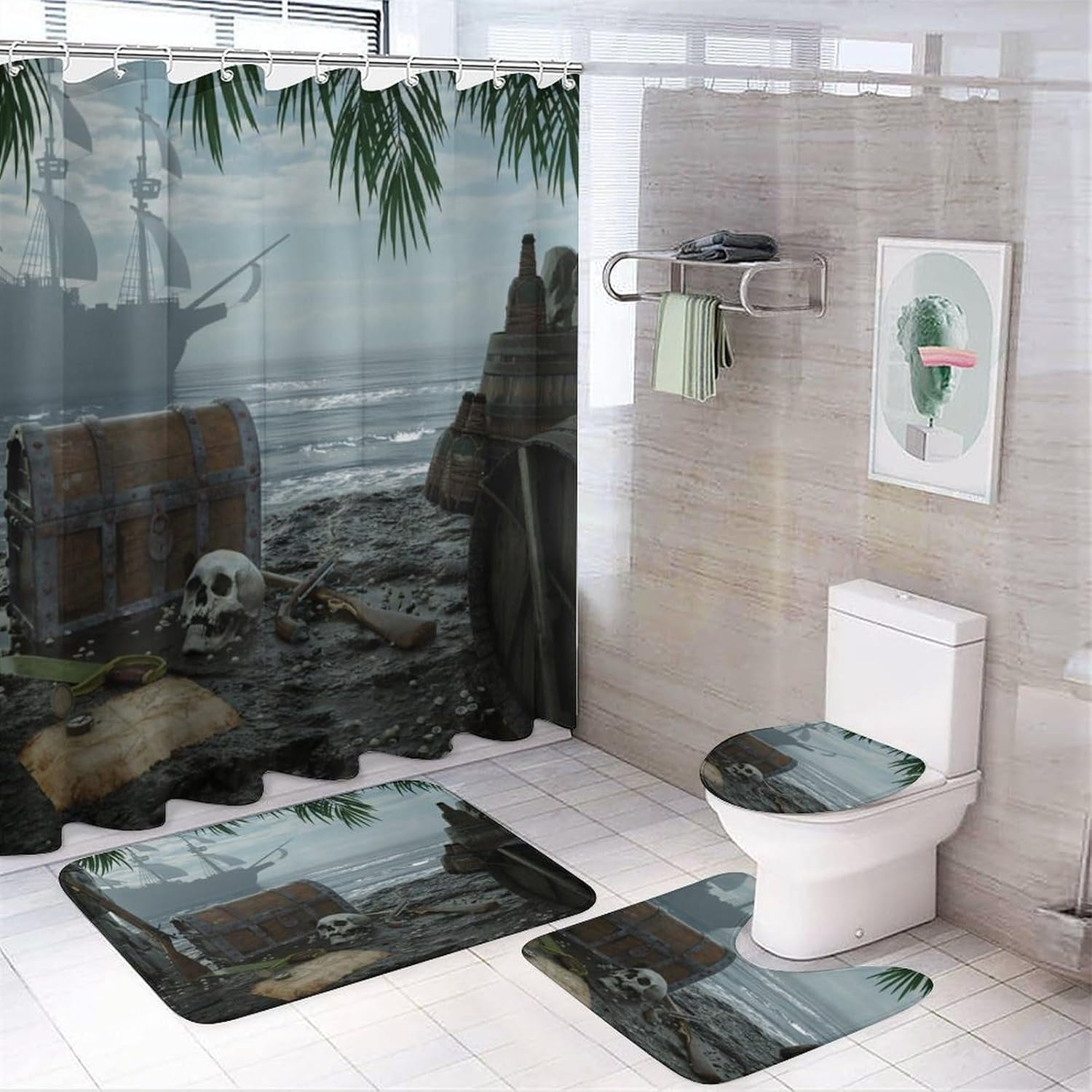 Gothic Skull Pirate Ship Shower Curtain Sets 4 Piece,Anime Nautical ...