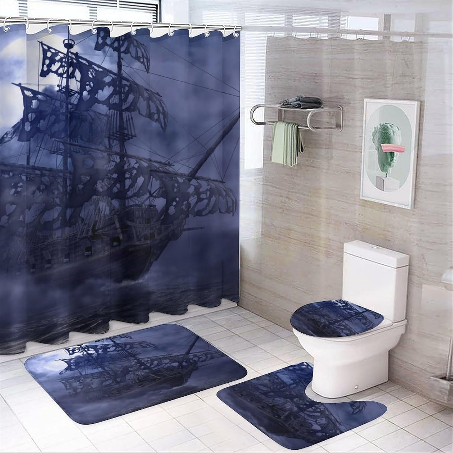 Gothic Skull Pirate Ship Shower Curtain Sets 4 Piece,Anime Nautical ...