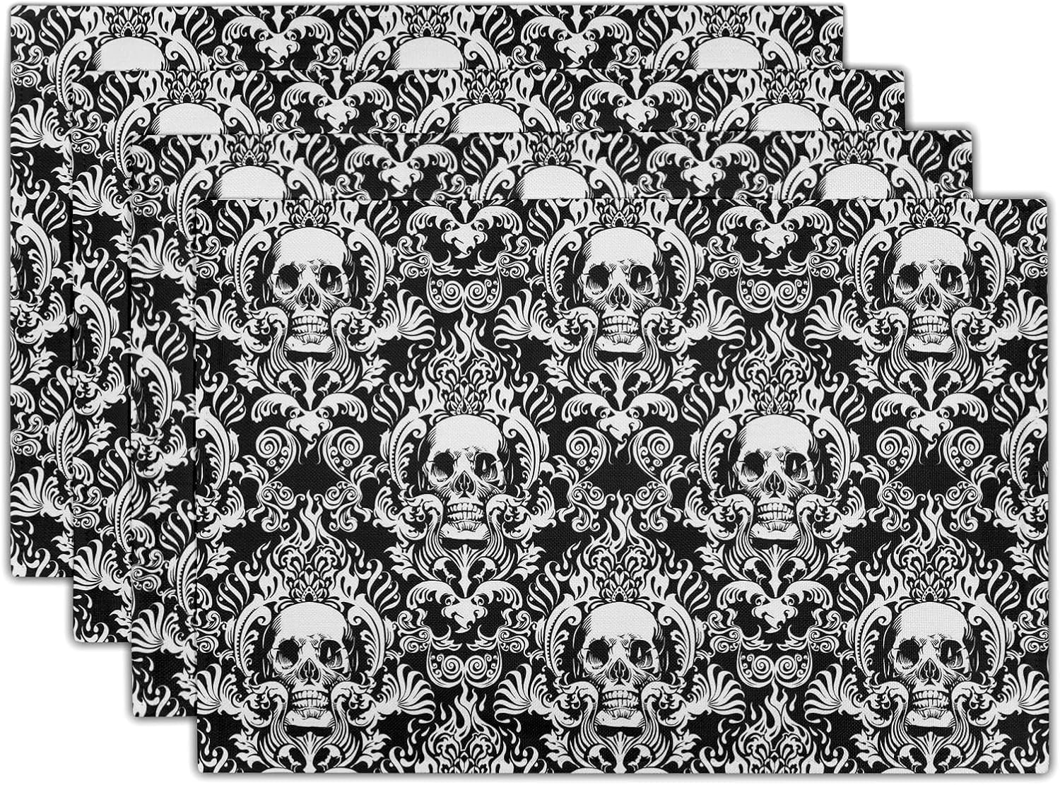 Gothic Skull Placemats, Halloween Skeleton Decorative Linen Place Mat ...