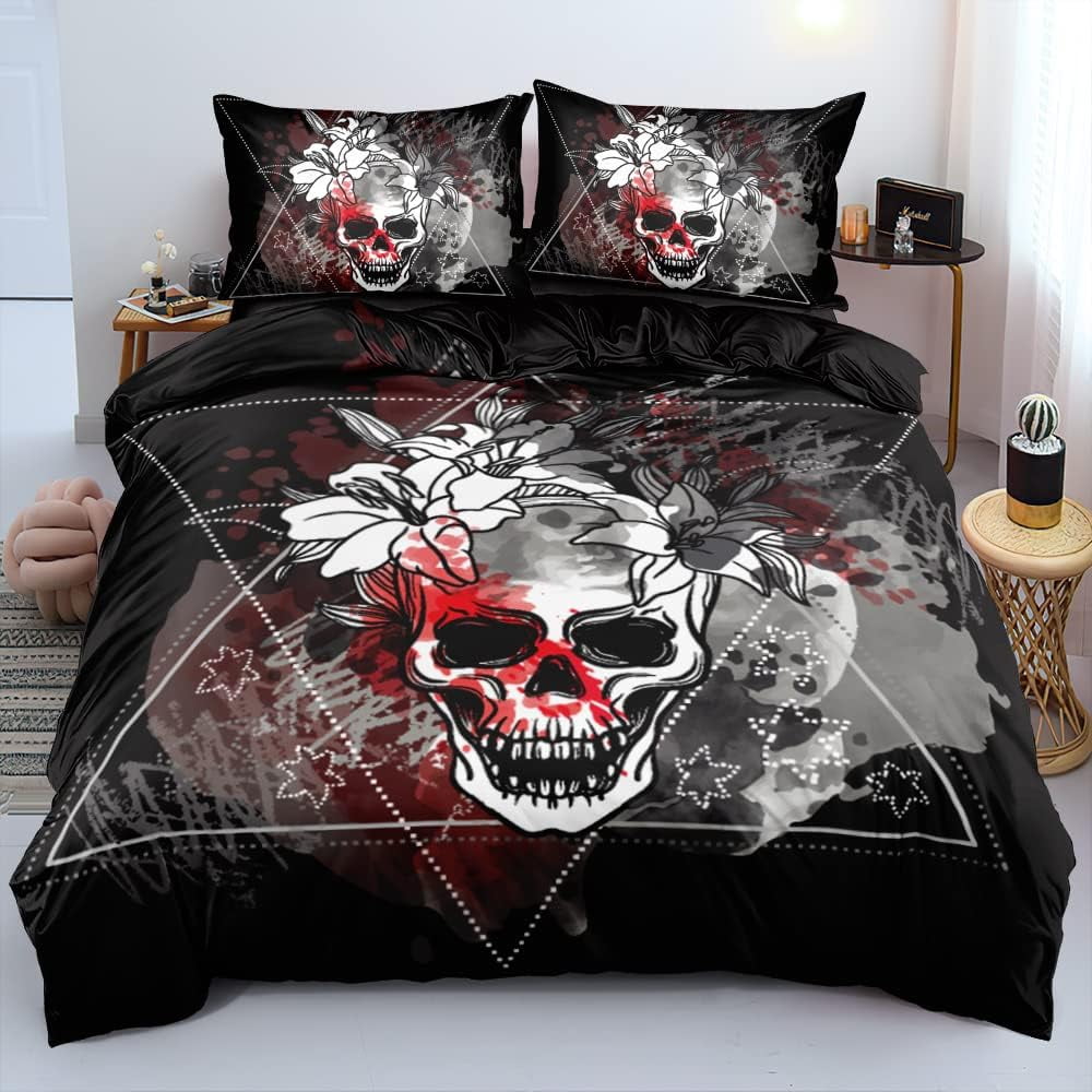 Gothic Skull Print Duvet Cover Set King Size with Edgy Skeleton ...