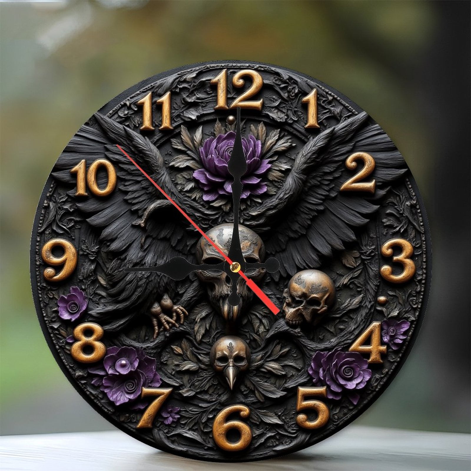 Gothic Skull Raven Clock Wall Decor 10-Inch Silent Wooden Wall Clock ...