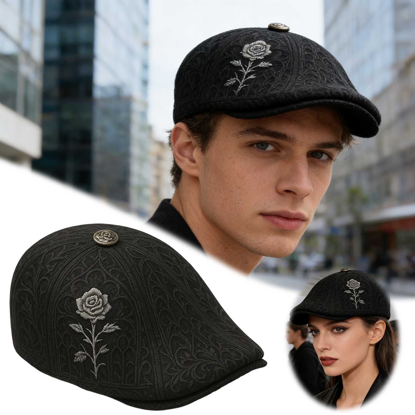 Gothic Skull & Rose Newsboy Cap,Embroidered Flat Bill Beret for Men ...