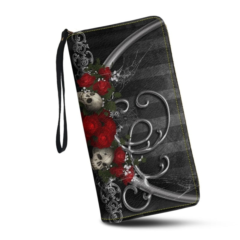 Gothic Skull Rose Wallets for Womens Around Zipper Long Purse Rfid ...