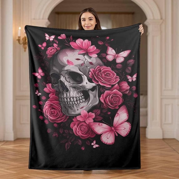 Gothic Skull Roses Flannel Blanket, Soft Warm Cozy Lightweight, Anti ...
