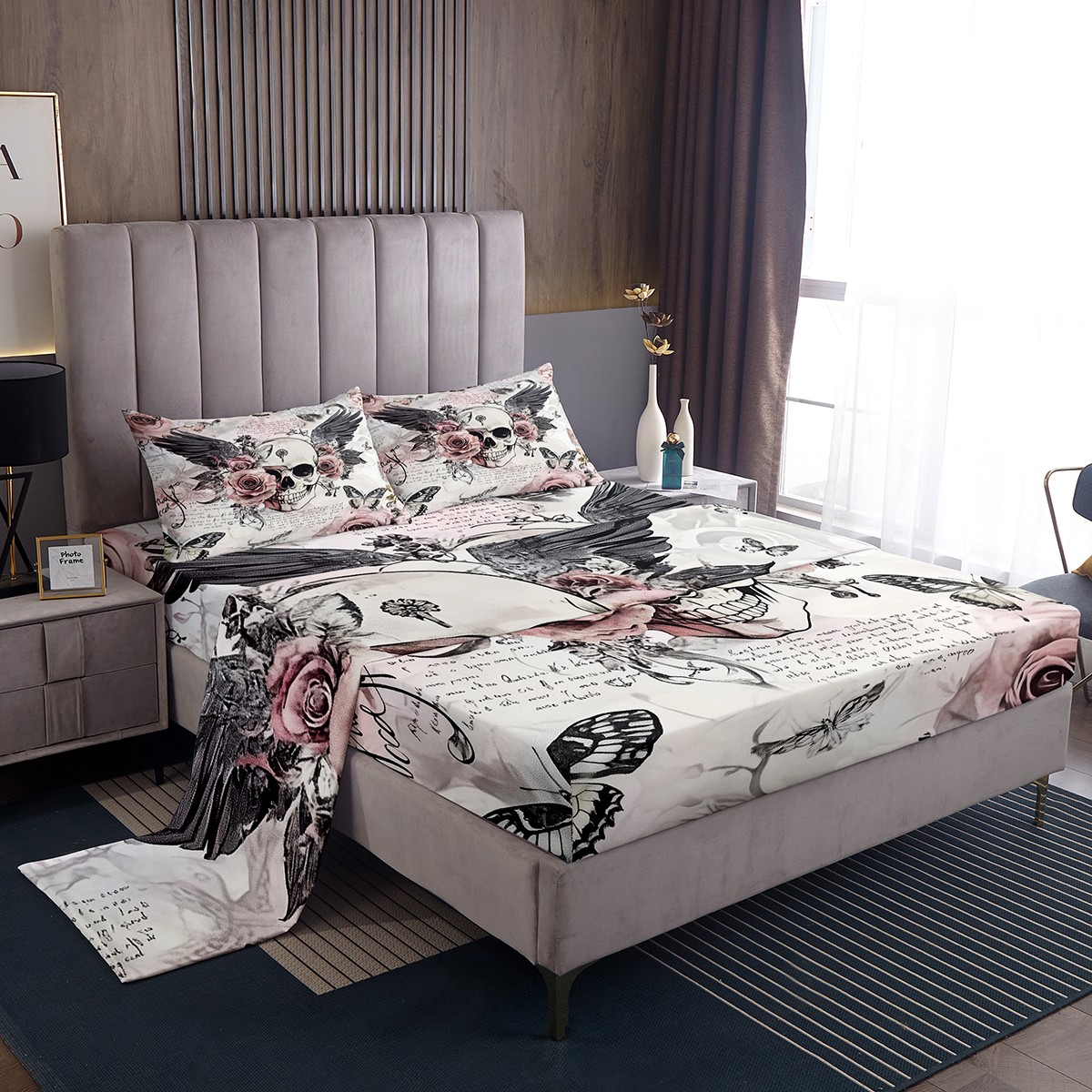 Gothic Skull Sheet Set Butterfly Rose Flower Bedding Sheets Queen Goth ...