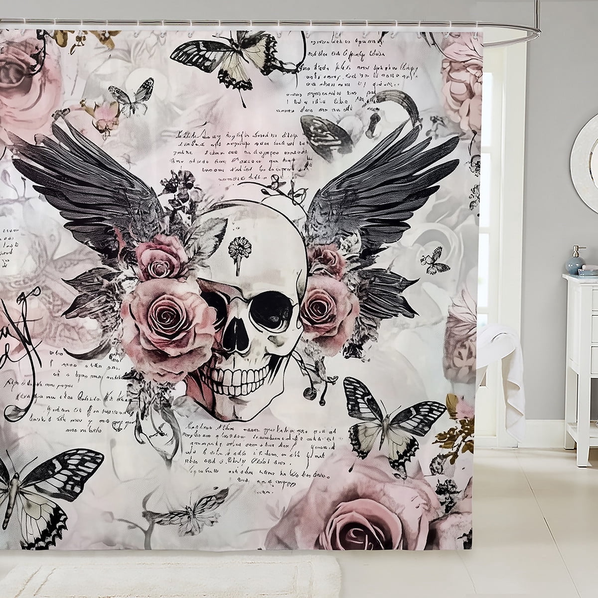 Gothic Skull Shower Curtain Butterfly Rose Flower Bath Curtain 72"Wx72 ...