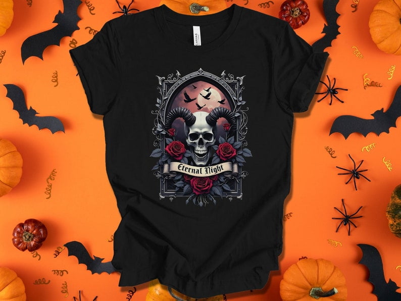 Gothic Skull T-Shirt, Eternal Night Horned Skull with Ravens and Roses ...