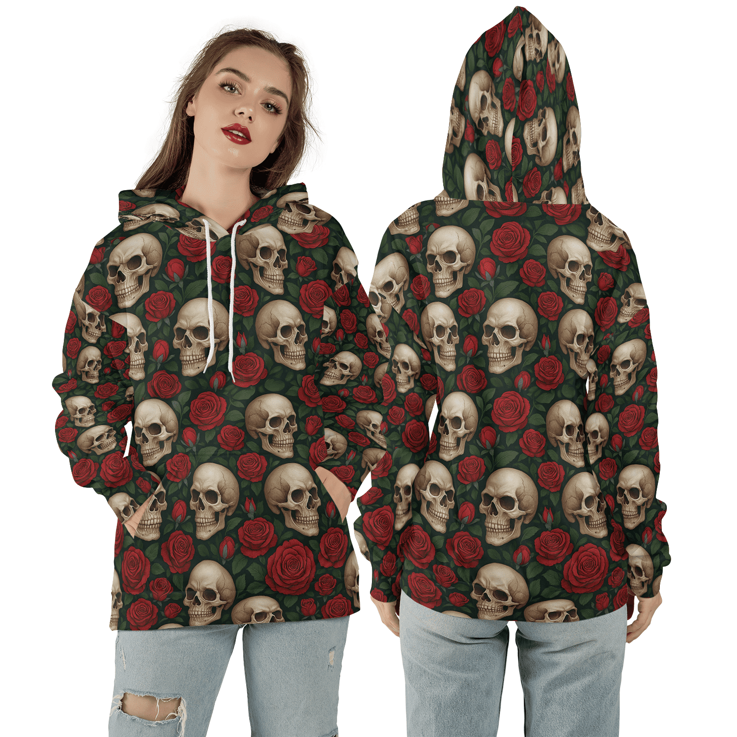 Gothic Skull and Rose Pattern 3D Hoodie, Floral Art Print Pullover ...