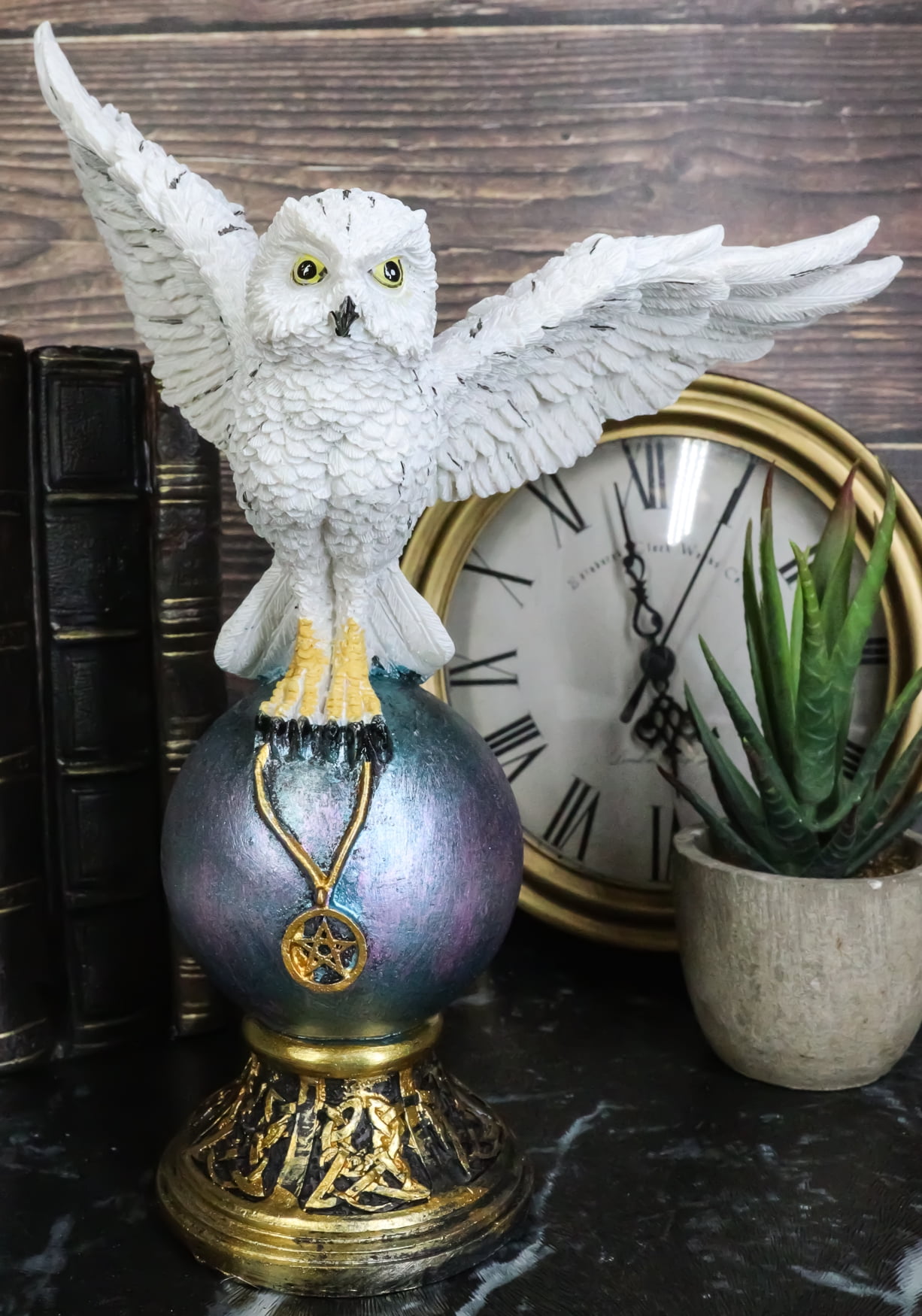 Gothic Snowy Owl Talisman Pentagram Pendant Perching On Gazing Ball Orb ...
