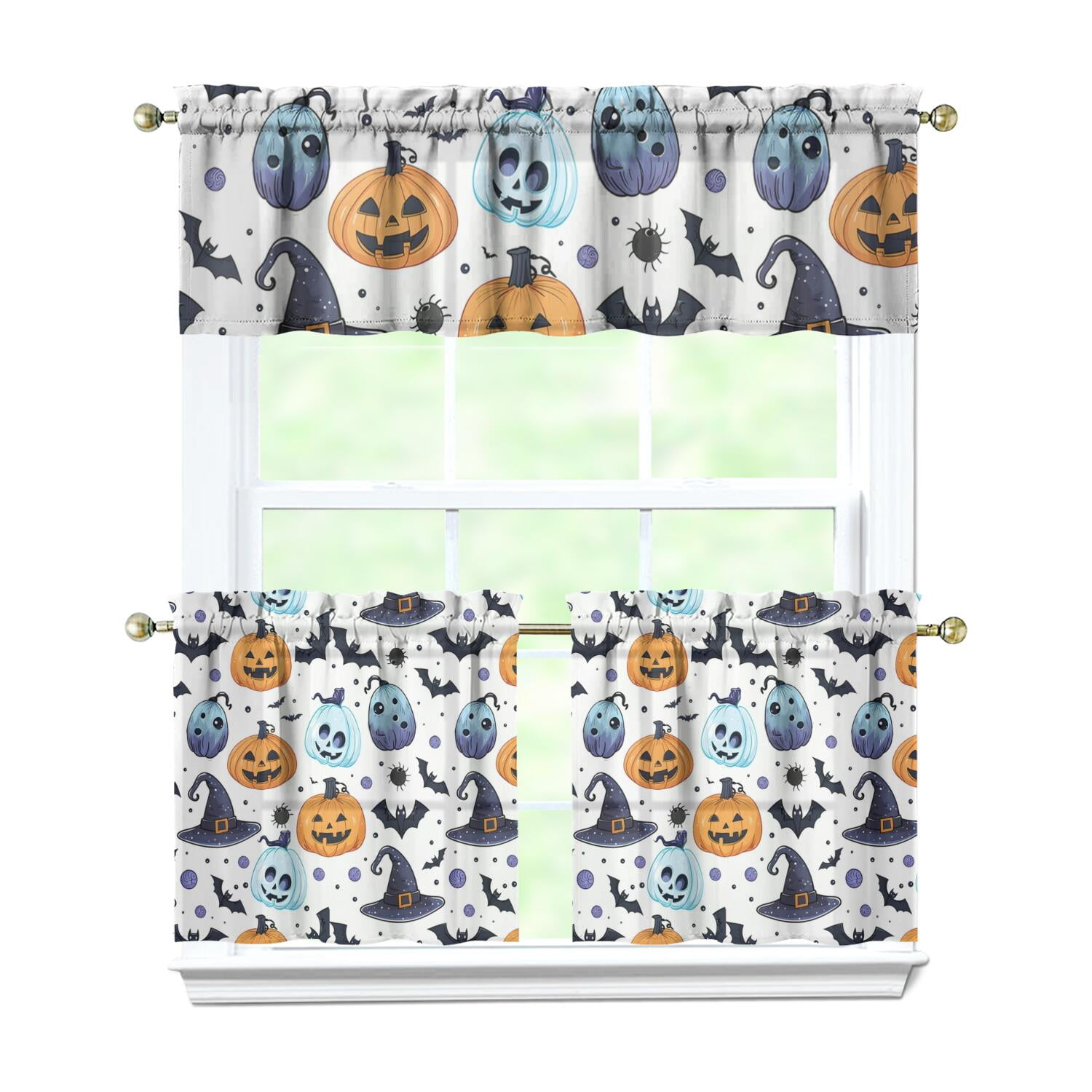 Gothic Spooky Tier Curtains 3-Piece Set - Skull Spider Cobweb Horror ...