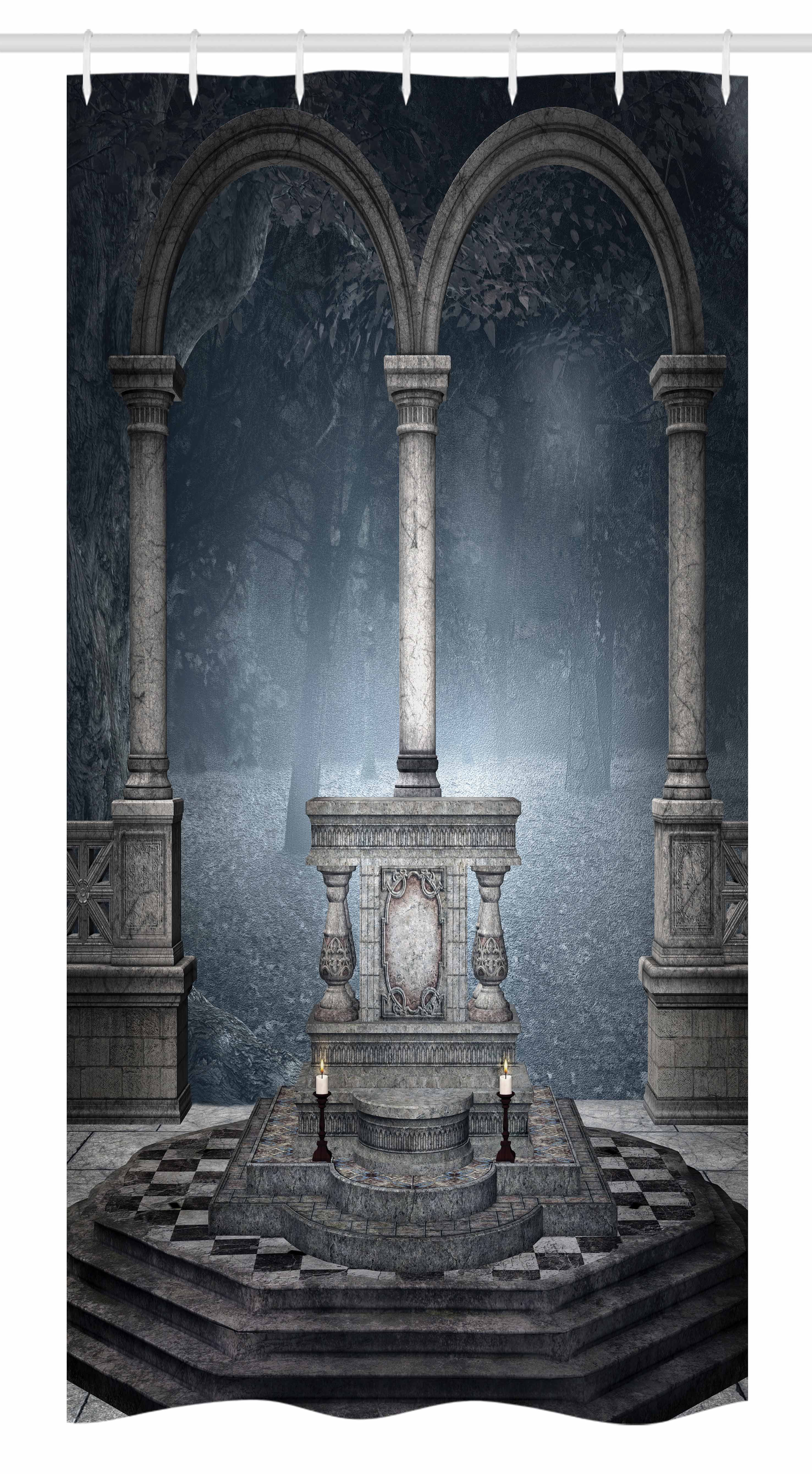 Gothic Stall Shower Curtain, Altar on Checkered Floor in Scary Hazy ...