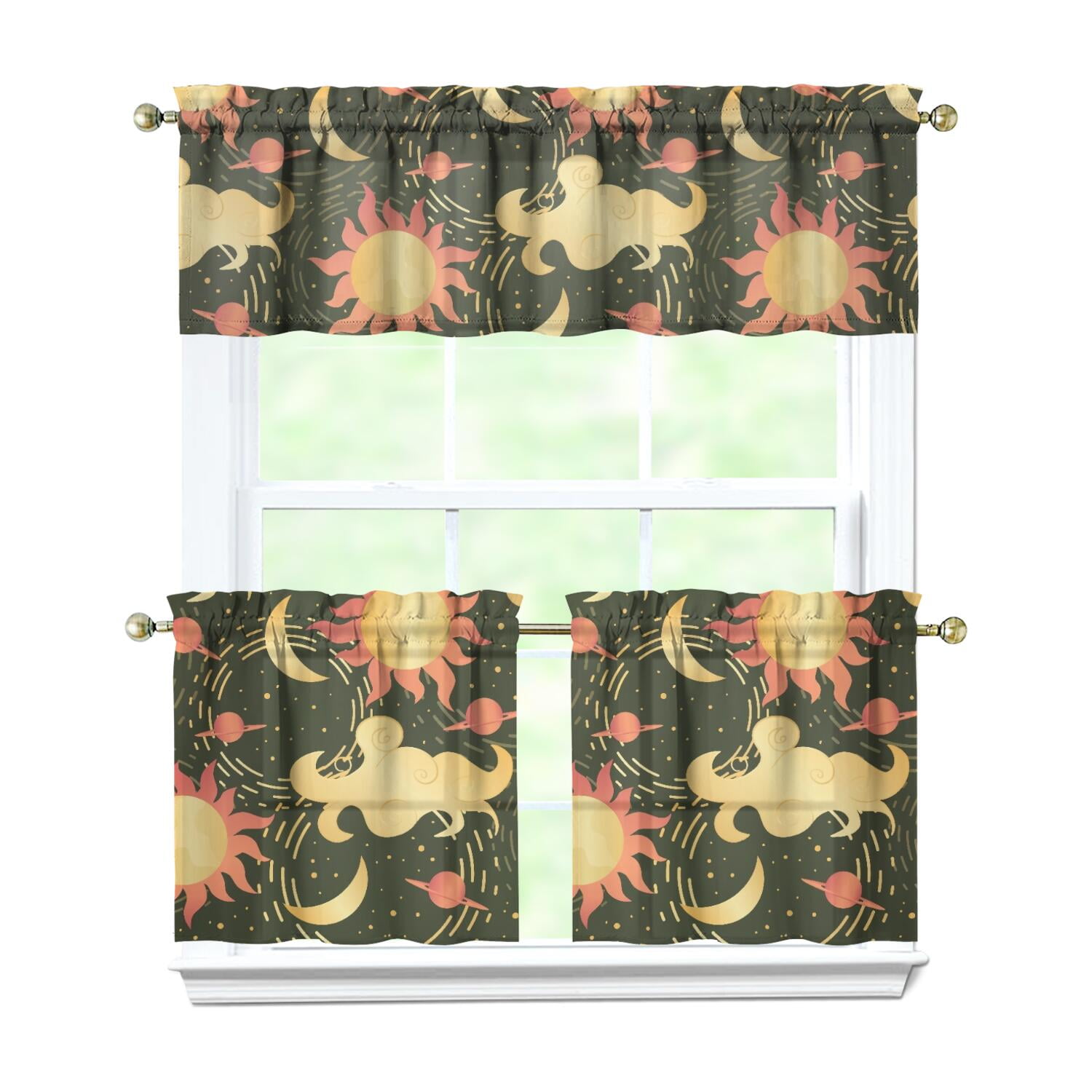 Gothic Star Print Kitchen Curtains 3-Piece Set - Celestial Sun Moon ...