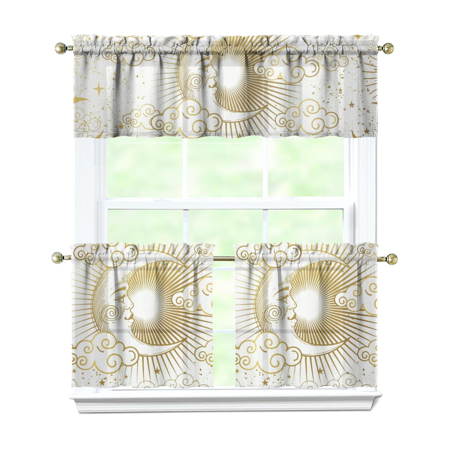 Gothic Star Print Kitchen Curtains 3-Piece Set - Celestial Sun Moon ...