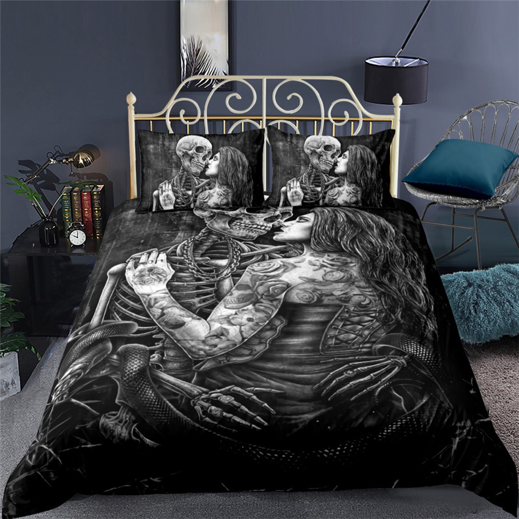 Gothic-Style Bedding Set Grayscale Tattooed Woman & Skeleton Design ...