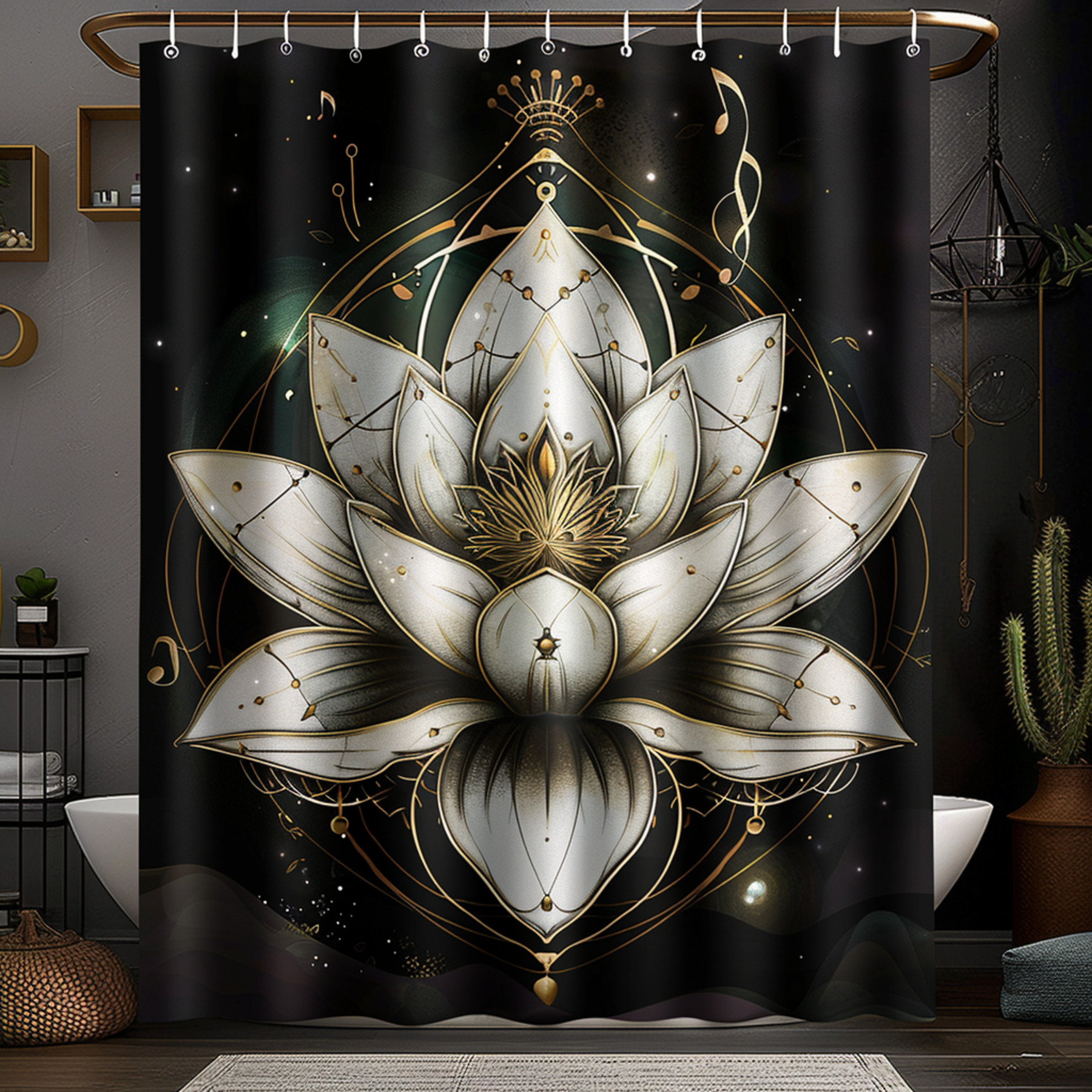 Gothic Style Black Shower Curtain with White Lotus Flower Design Sacred ...