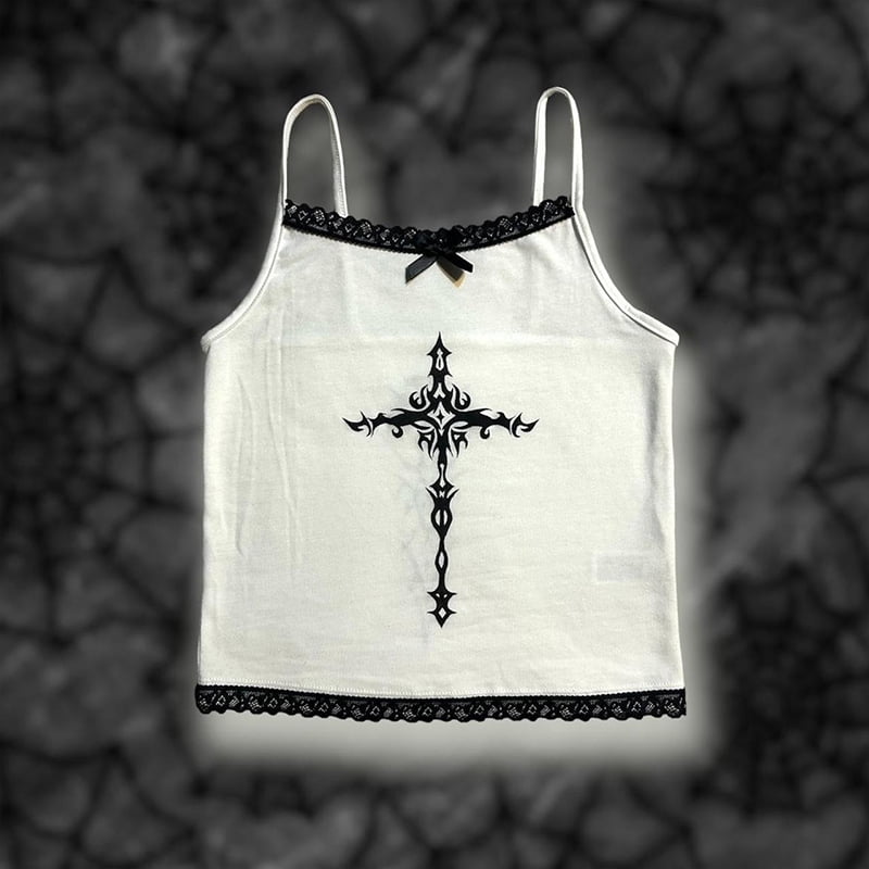 Gothic Style Bow Lace Decoration Cross Print Camisole Top Sexy Chic ...