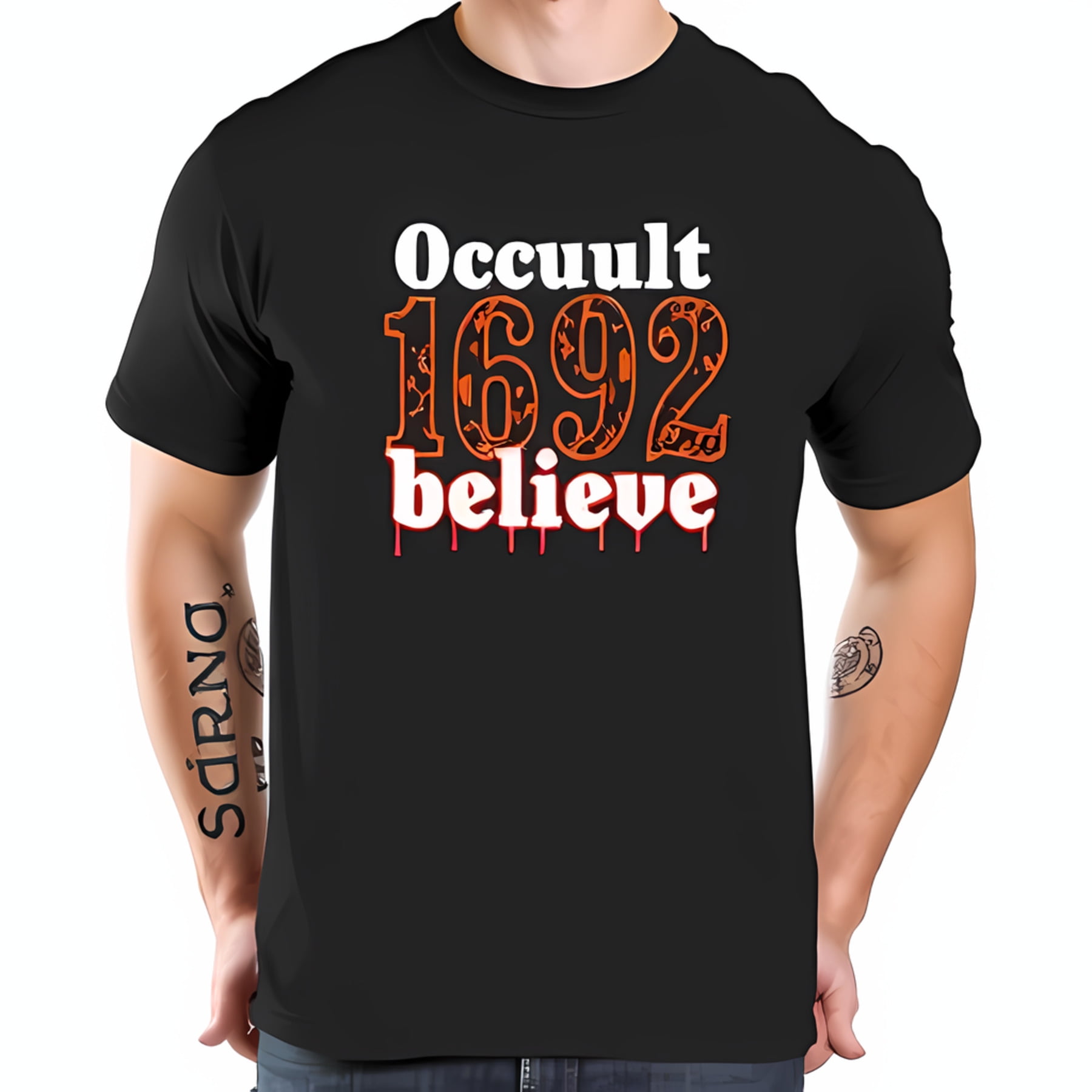 Gothic Style Cotton Short Sleeve T-Shirt - " Occult 1692 Believe " with ...