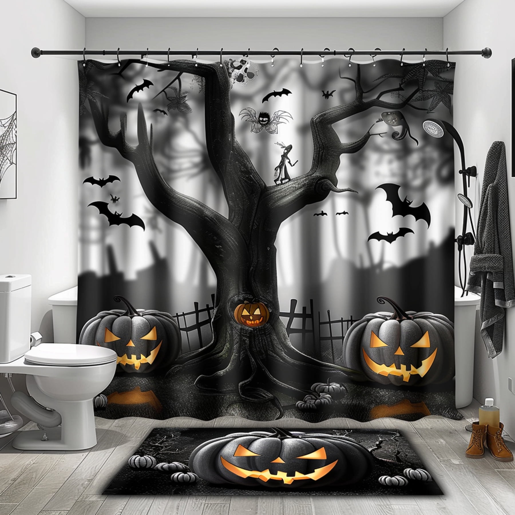 Gothic Style Pumpkin Design Shower Curtain Halloween Themed Bathroom