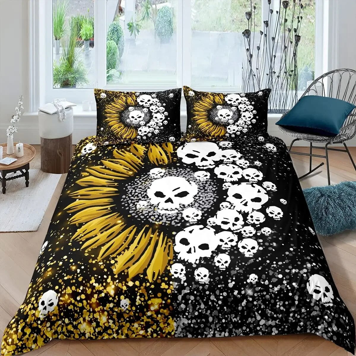 Gothic Sugar Skull Bone Bedding Set Skeleton Hand Comforter Cover Rose ...