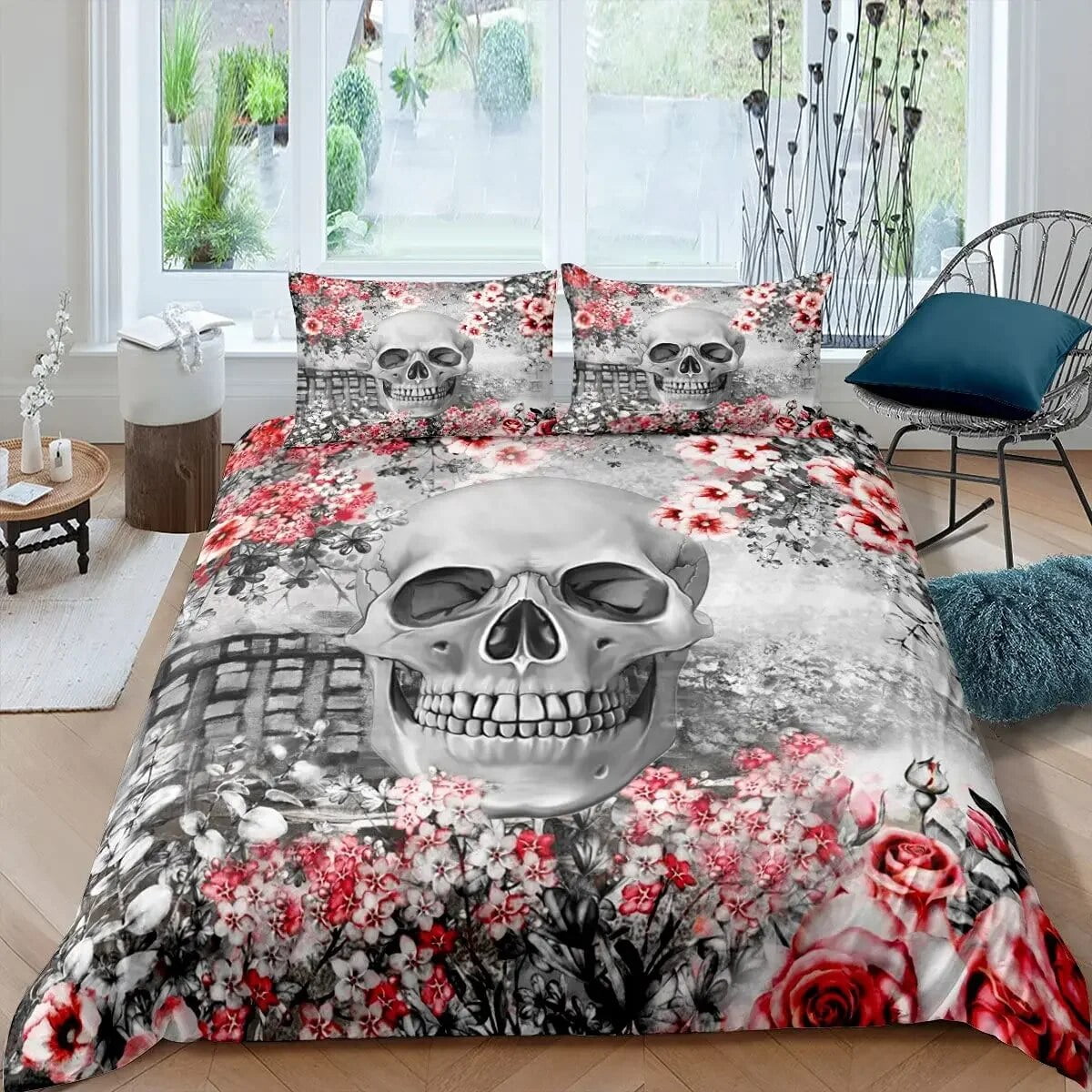 Gothic Sugar Skull Bone Bedding Set Skeleton Hand Comforter Cover Rose ...