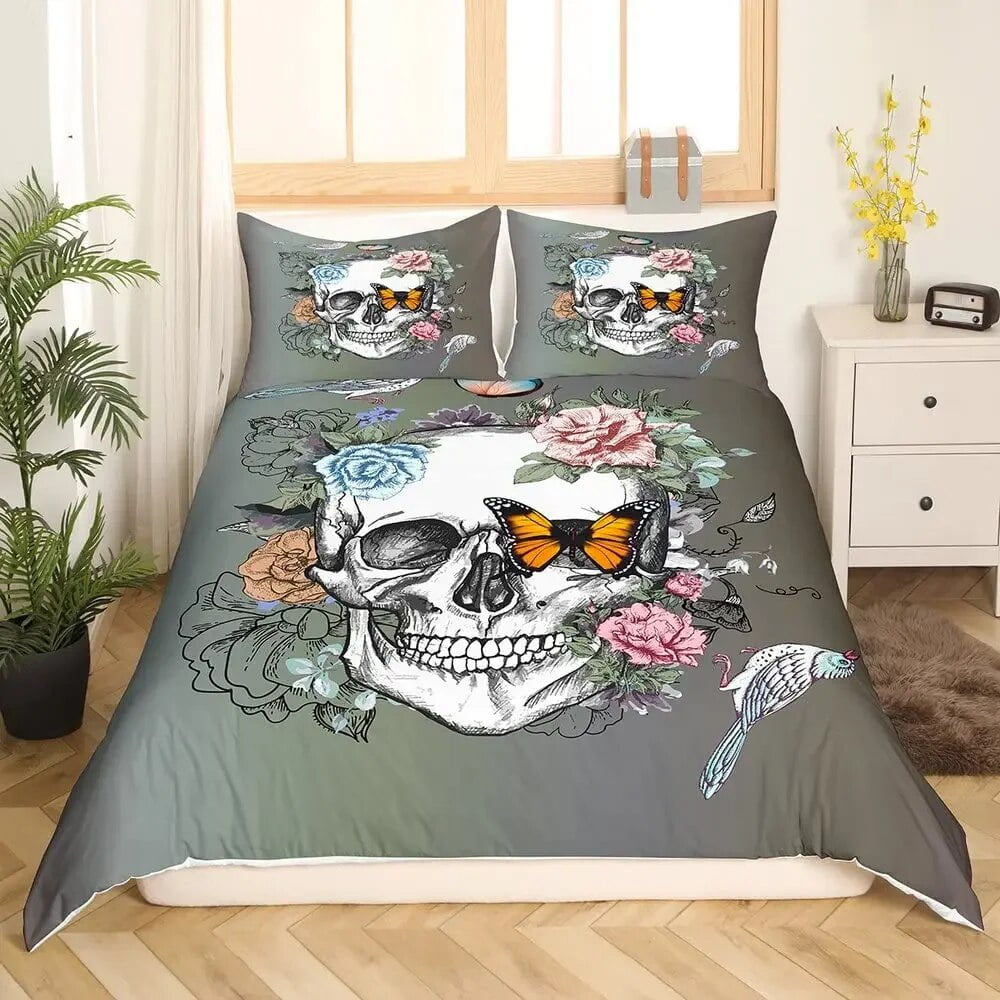 Gothic Sugar Skull Bone Bedding Set Skeleton Hand Comforter Cover Rose ...