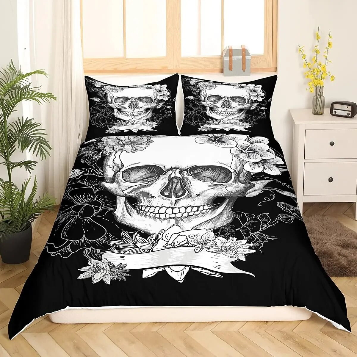 Gothic Sugar Skull Bone Bedding Set Skeleton Hand Comforter Cover Rose ...
