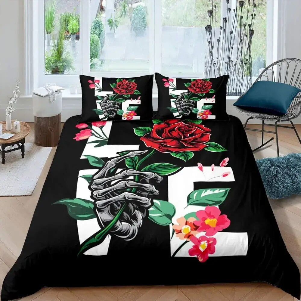 Gothic Sugar Skull Bone Bedding Set Skeleton Hand Comforter Cover Rose ...
