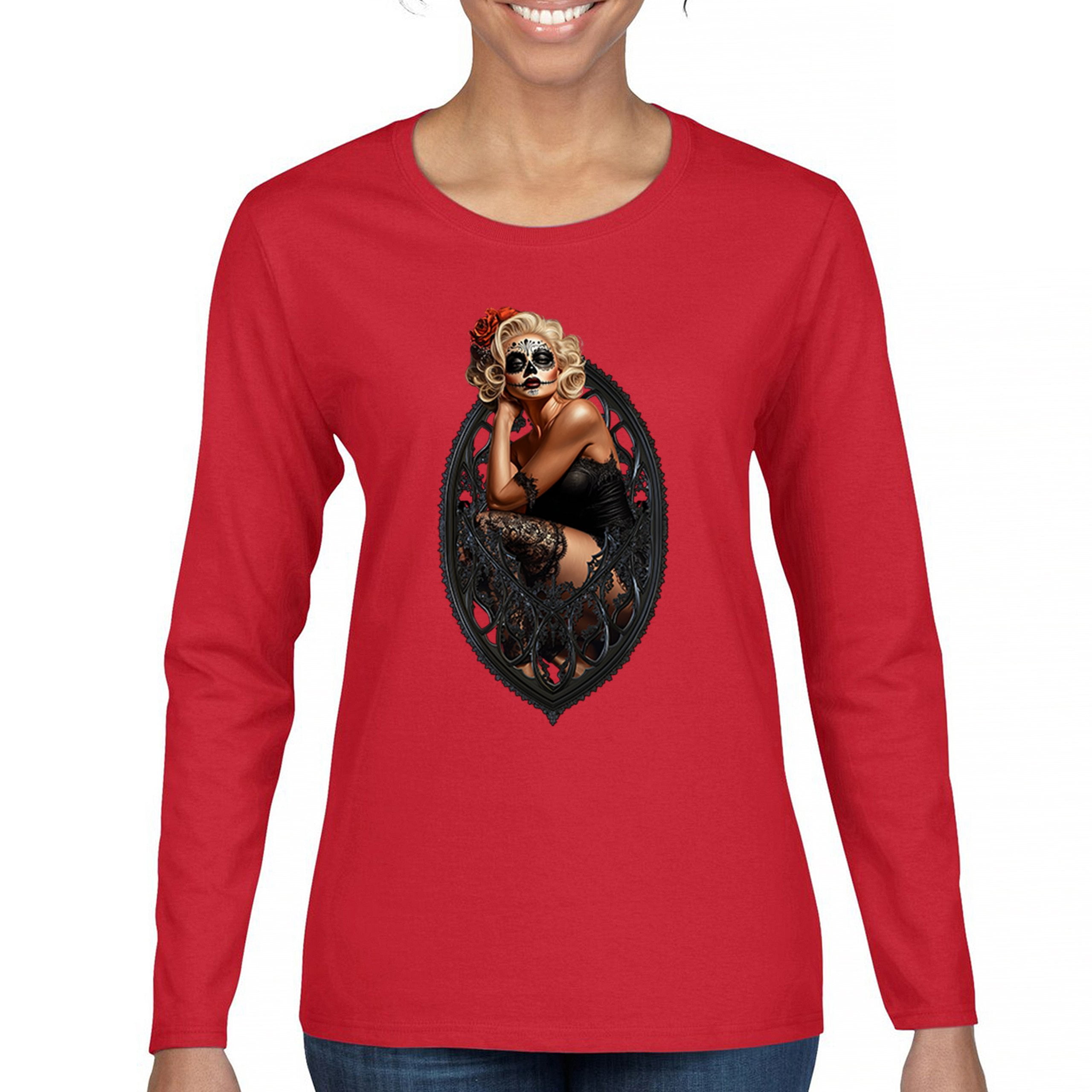 Gothic Sugar Skull Pinup Women's Long Sleeve T-shirt Dia de los Muertos ...