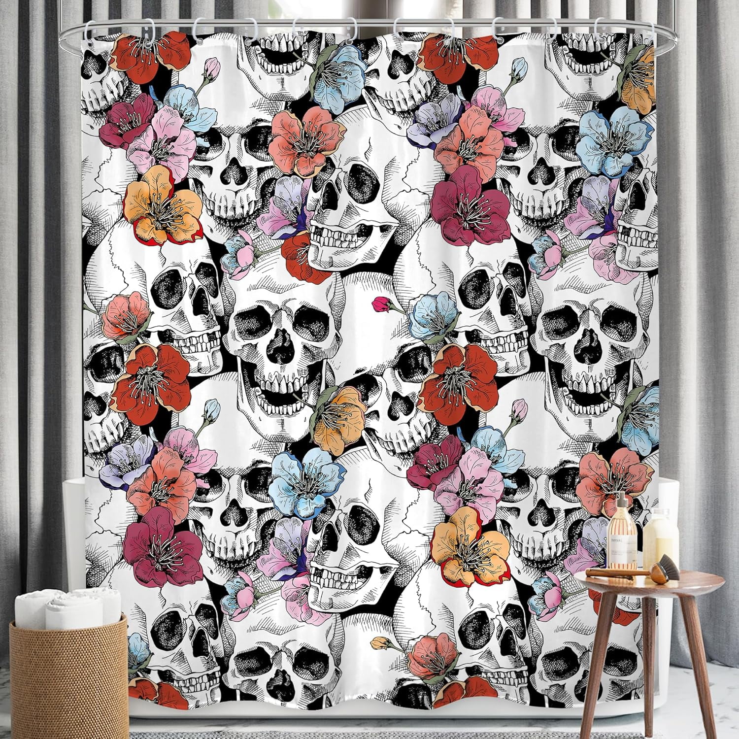 Gothic Sugar Skull Shower Curtain Bathroom Set 60Wx71H Inches Skeleton ...