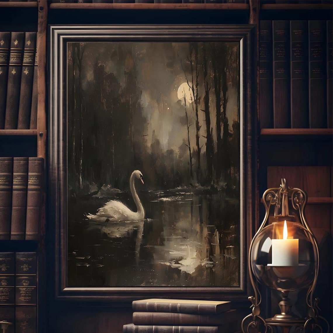 Gothic Swan Poster Dark Forest Lake, Moonlight Wall Art Home Decor ...