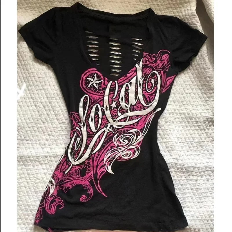 Gothic T-shirts Women Vintage Punk Y2k Crop Tops Punk Skull Black Hot ...