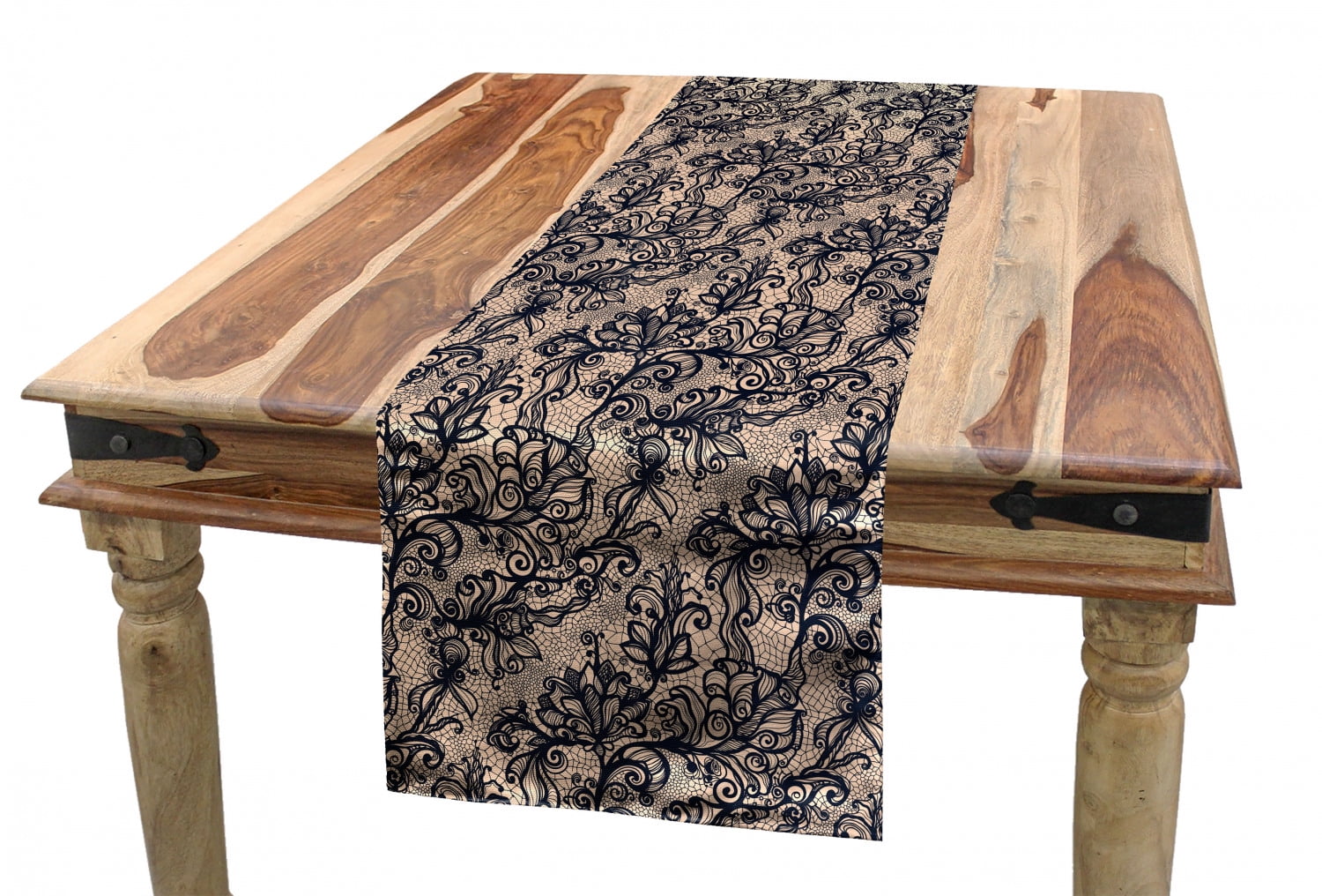 Gothic Table Runner, Abstract Old Fashioned Blossoms Nature Inspired ...