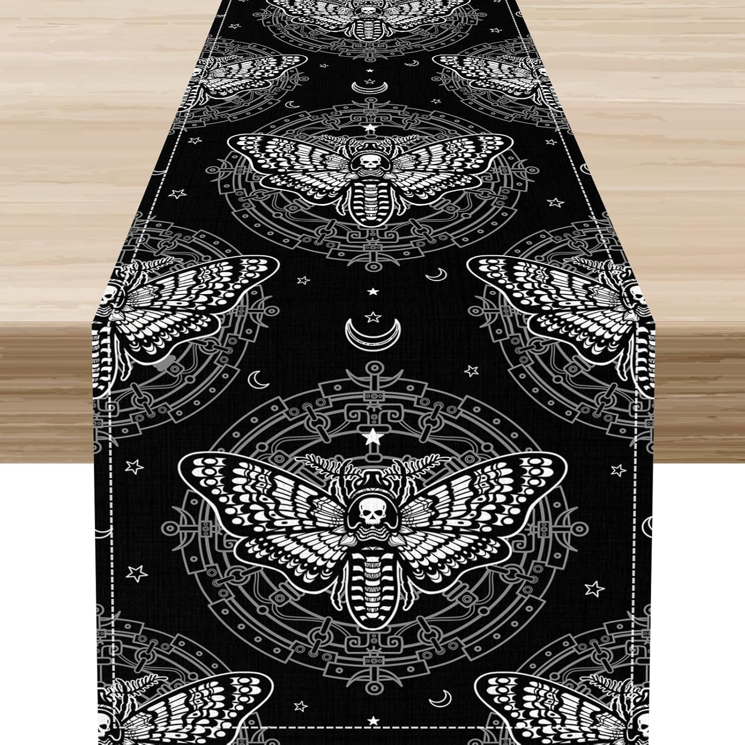 Gothic Table Runner, Black Skull Astrology Mystical Moth Retro Table ...