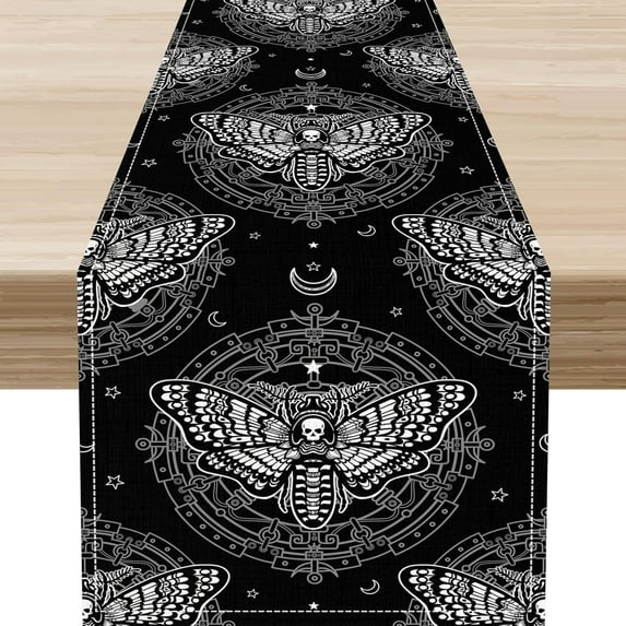 Gothic Table Runner, Black Skull Astrology Mystical Moth Retro Table ...