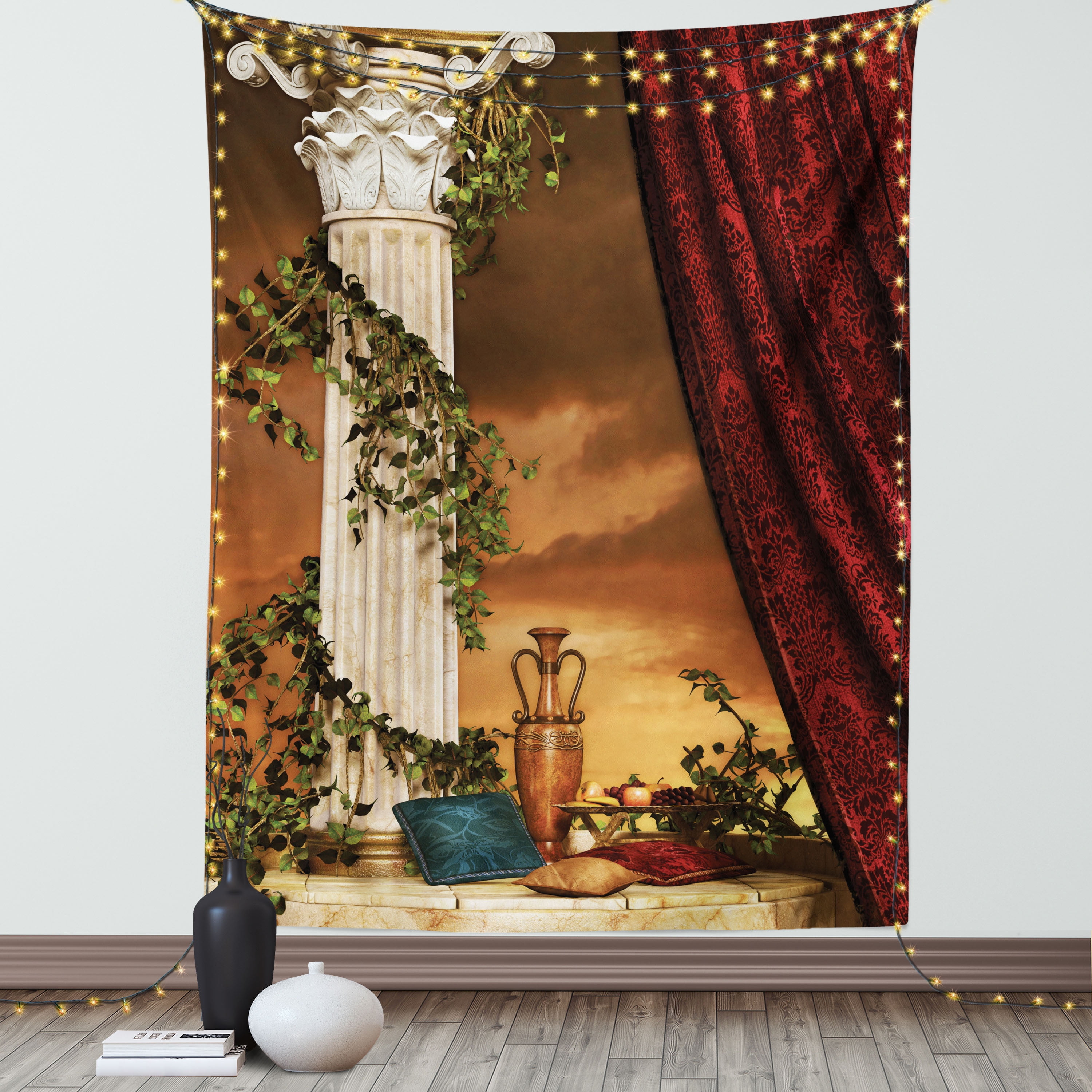 Gothic Tapestry, Greek Style Scene Climber Pillow Fruits Vine and Red ...