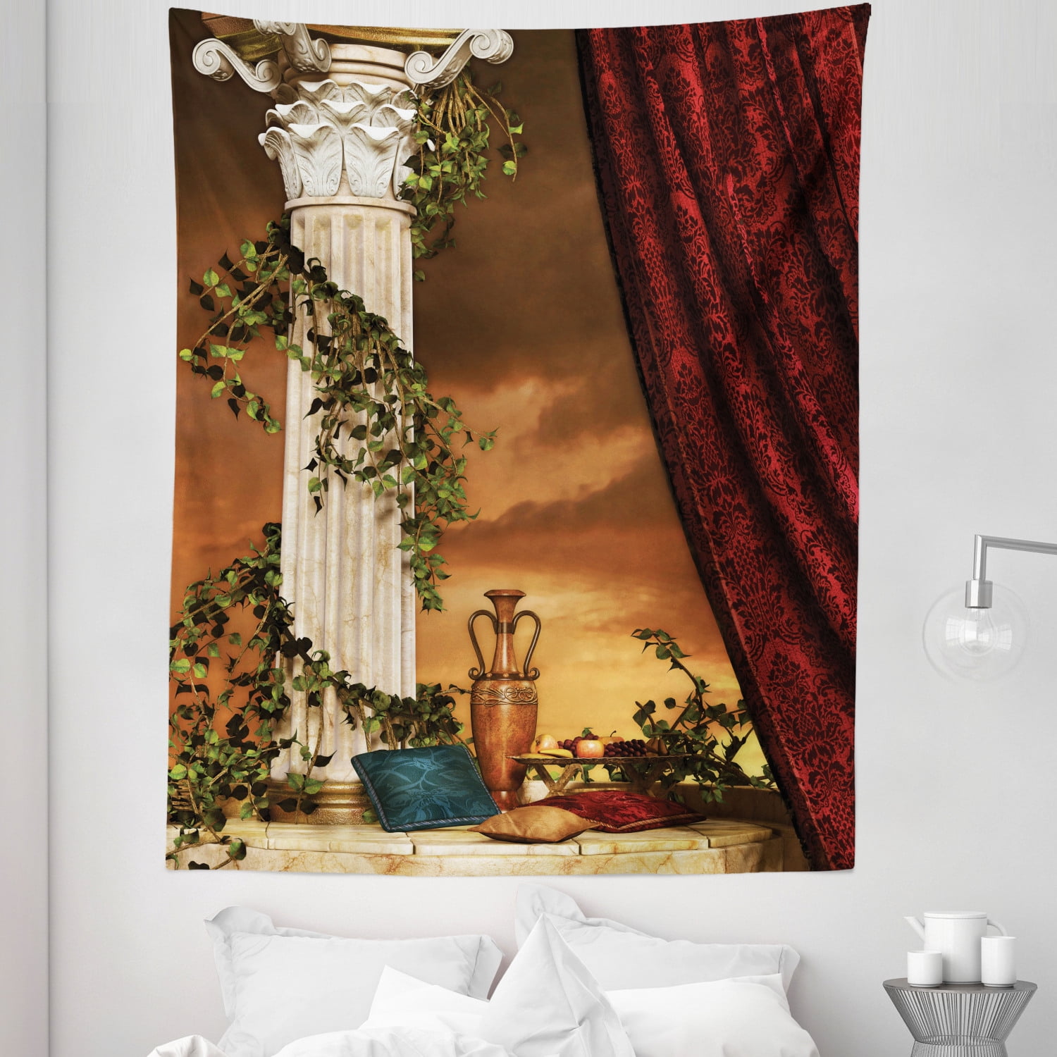 Gothic Tapestry, Greek Style Scene Climber Pillow Fruits Vine and Red ...