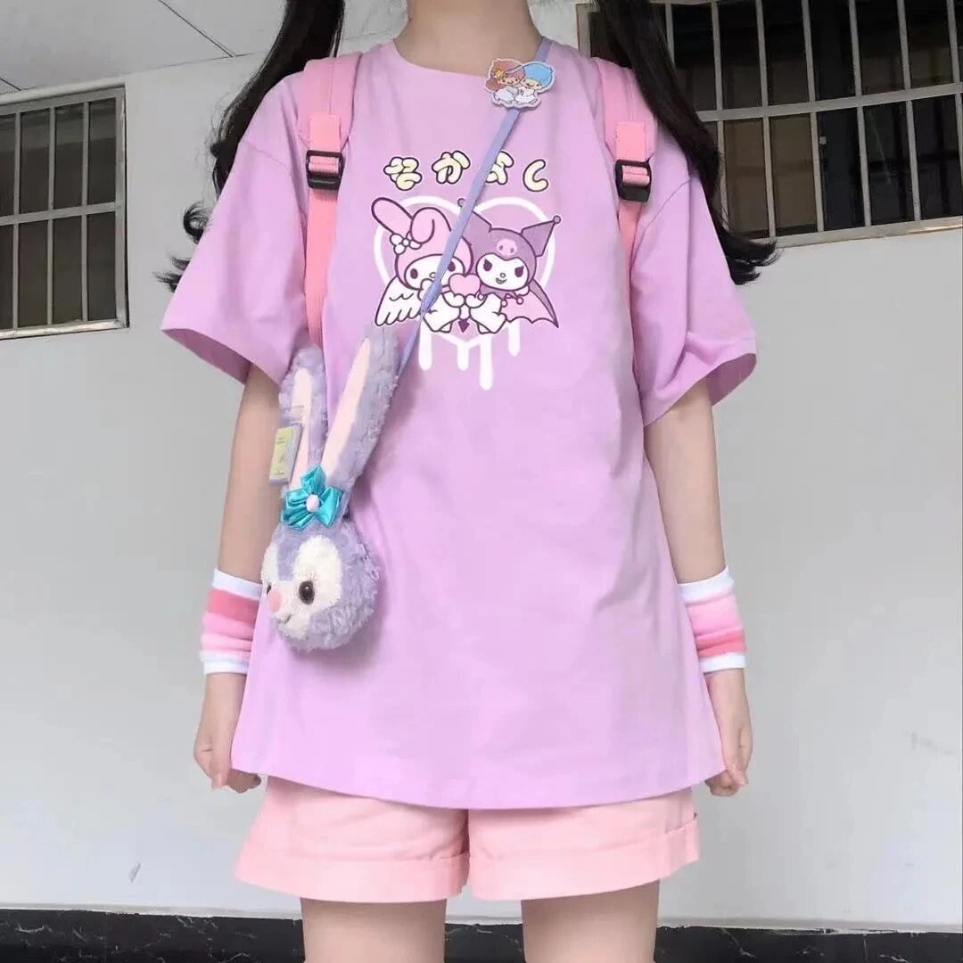 Gothic Tees Sanrio My Melody Kuromi Clothes Loose Kawaii Cartoon Short Sleeve T Shirts Women