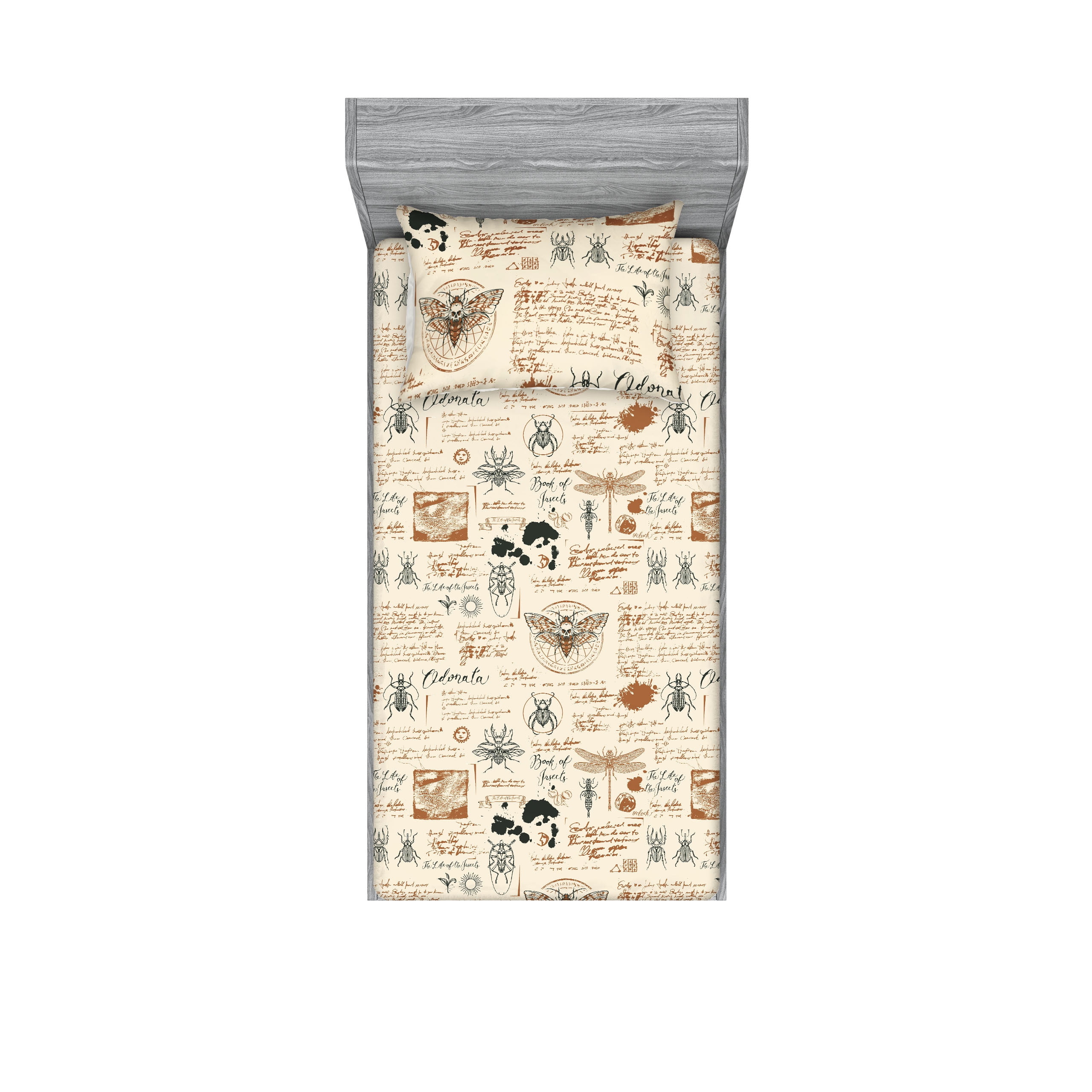 Gothic Themed Fitted Sheet & Pillow Sham Set, Spooky Moth and Cockroach ...