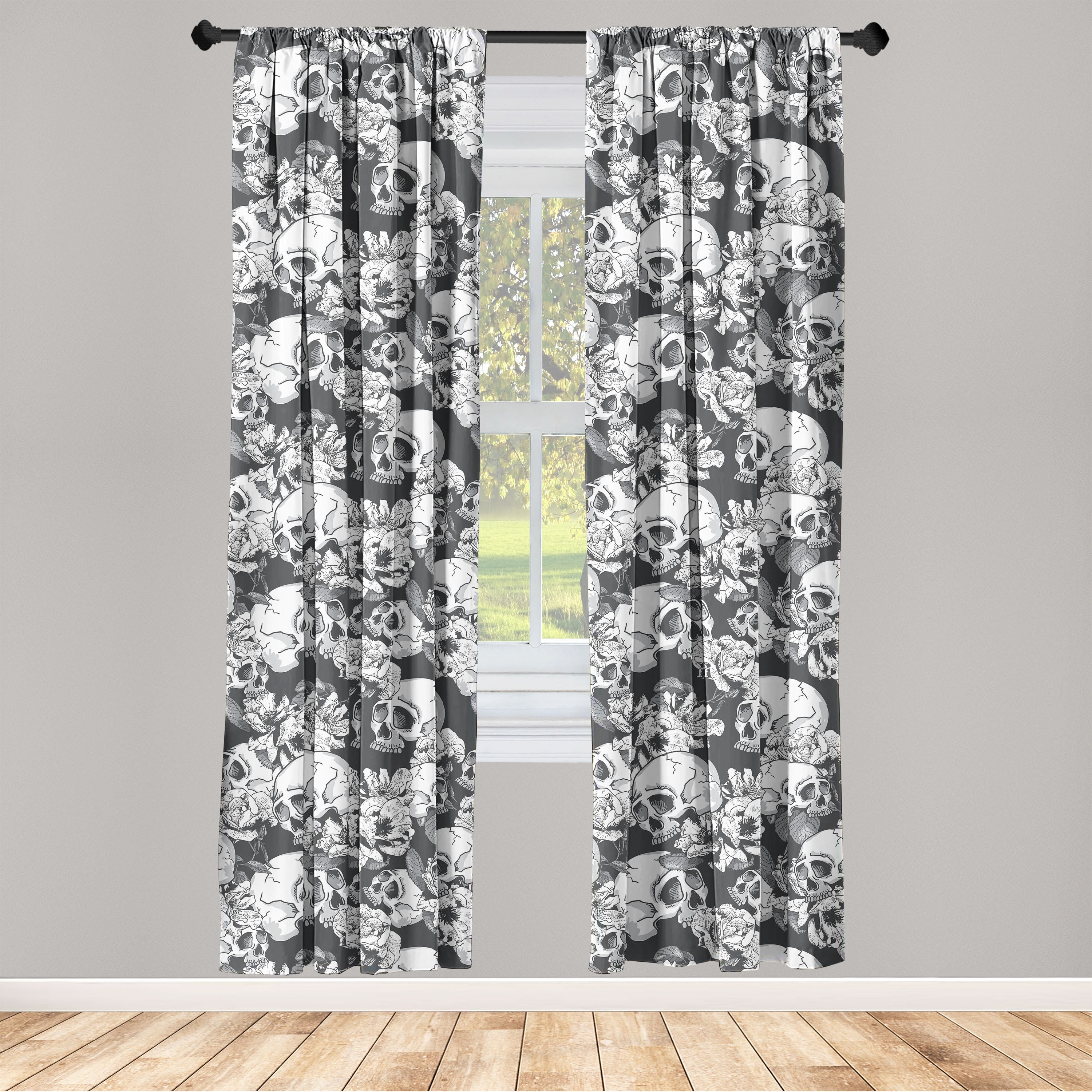 Gothic Themed Window Curtains, Spooky Skull Pattern with Retro Floral ...