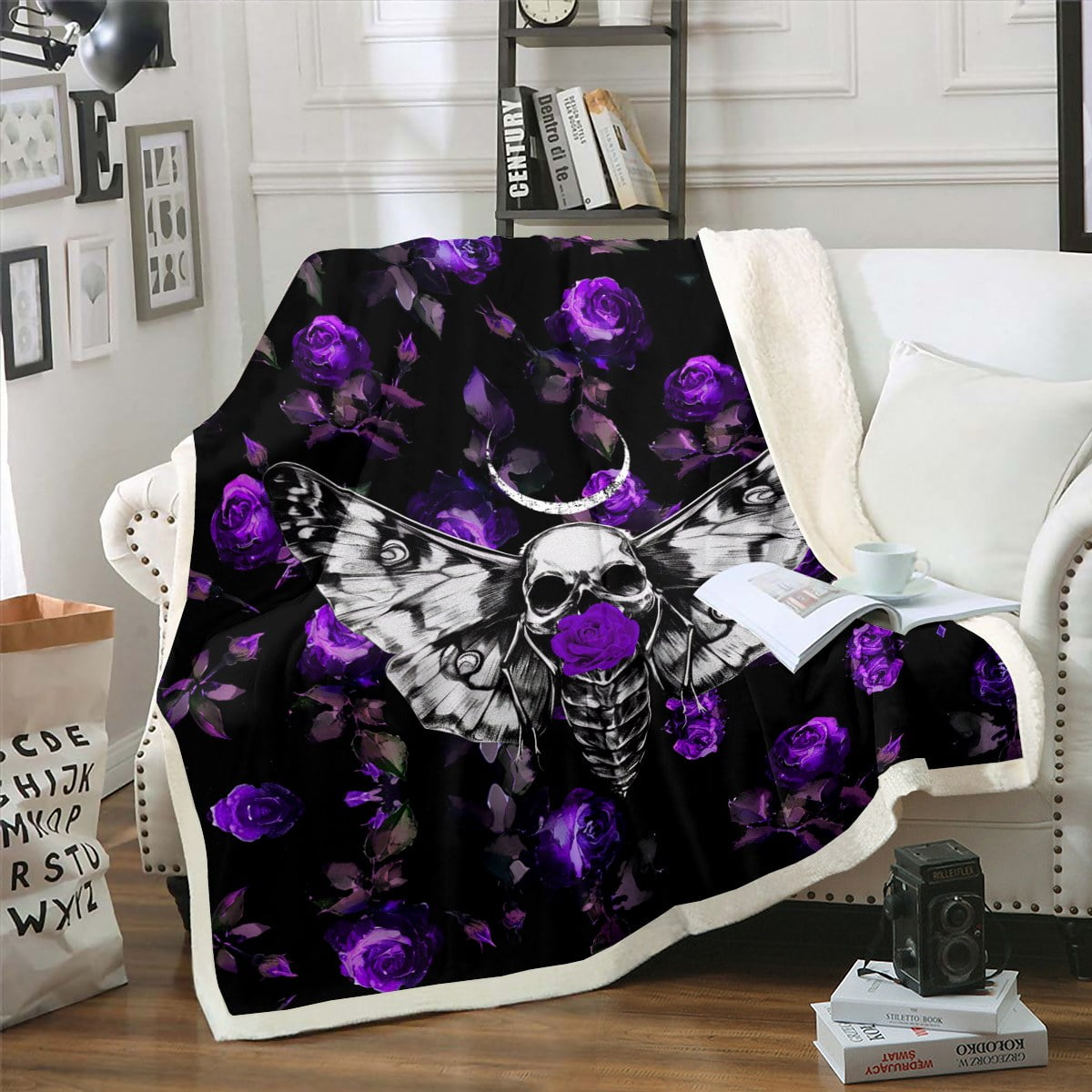 Gothic Throw Blanket Sugar Skull Moth Fleece Blanket Exotic Blue Purple ...