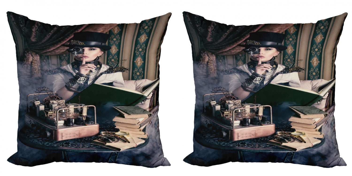 Ambesonne Gothic Throw Pillow Cover 2 Pack, Steampunk Woman Vintage, 16 ...