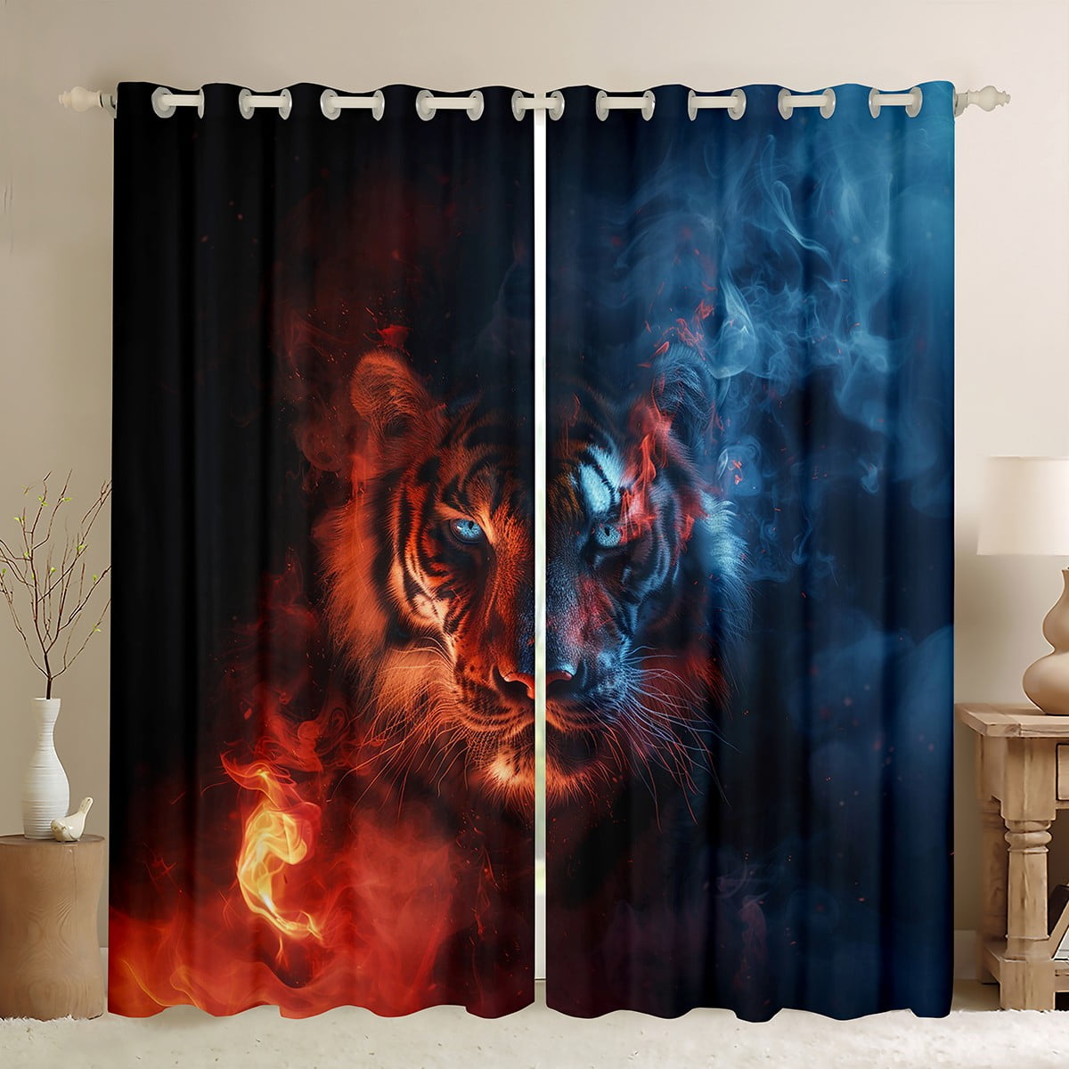 Gothic Tiger 30%-50% Blackout Curtains Red Blue Fire Curtains for Living Room,Safari Animals ...