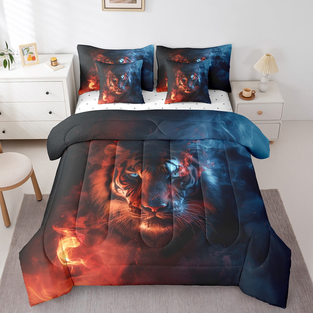 Gothic Tiger Comforter Set 7 Piece Bed in a Bag Twin Red Blue Fire ...