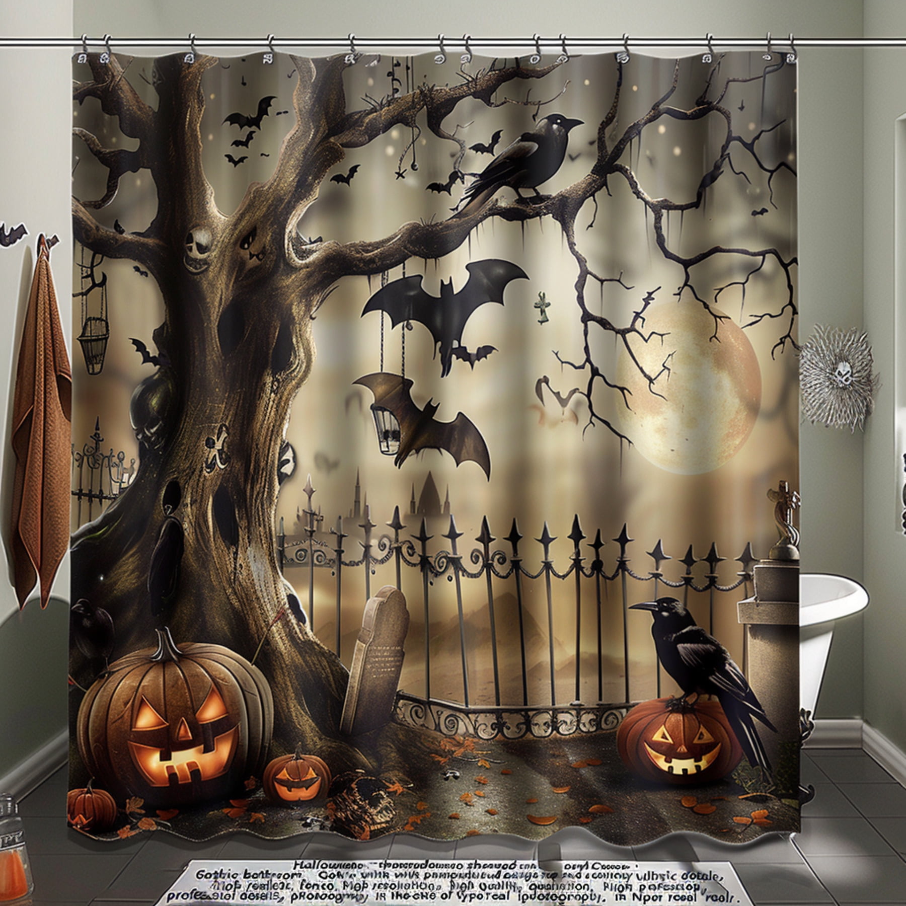 Gothic Tree Shower Curtain With Bats And Crows Spooky Witch Theme